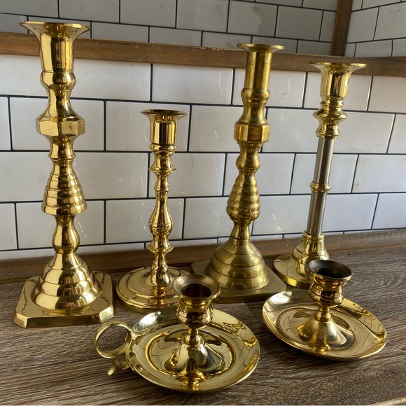 Accents | Lot Of Brass Candlesticks 6 Vintage Assorted Gold Metal Candle Holders Wedding | Poshmark